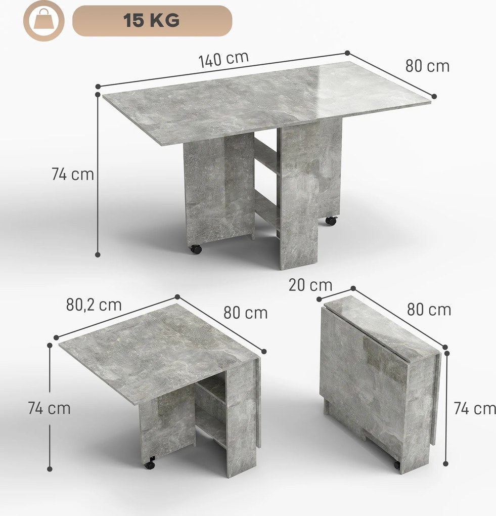 HOMCOM skládací jídelní stůl s přihrádkami, sklápěcí deskou a kolečky, betonově šedá