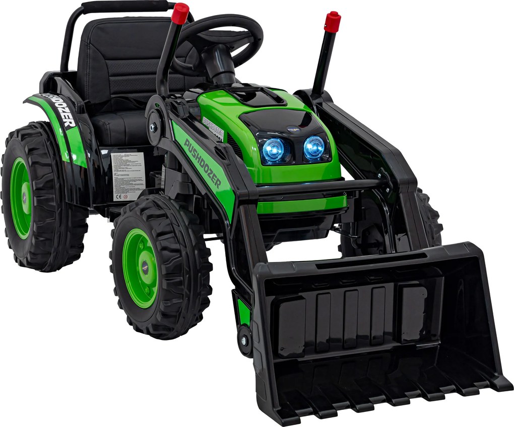 Ramiz Dětský bagr-traktor na baterie zelený + pohyblivé rameno s lžící + dálkové ovládání + pomalý start + FM rádio + LED