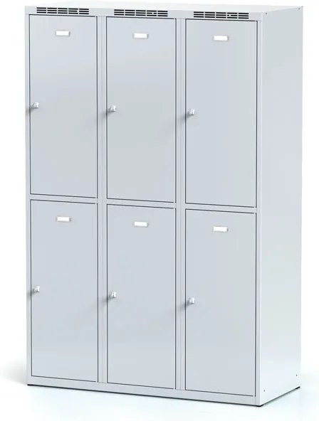Alfa 3 Šatní skříňka S6 s úložnými boxy, 6 boxů, 1800 x 1200 x 500 mm, otočný zámek, šedé dveře