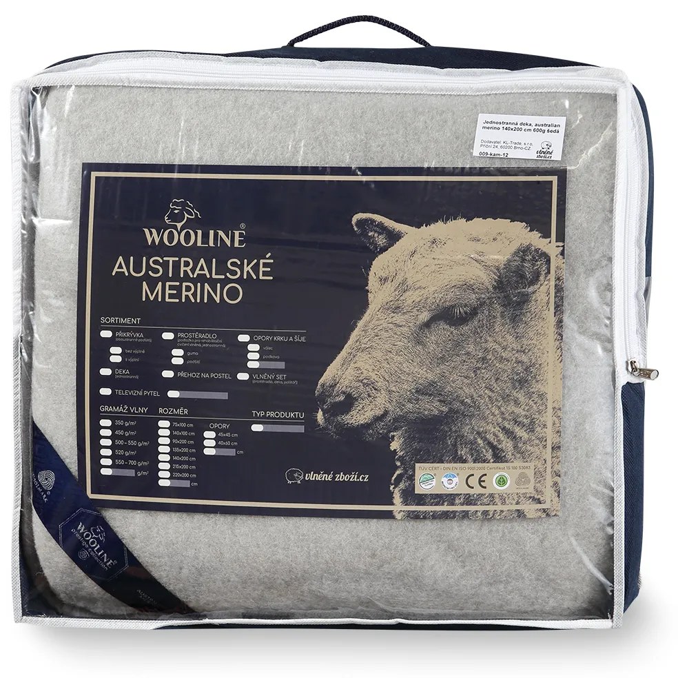 Wooline Vlněná Merino deka šedá 140x200 cm, australské merino