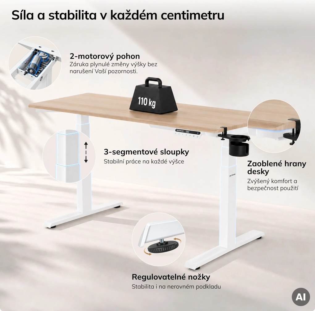 Elektrický stůl s nastavitelnou výškou ergonomický bílý/dub sonoma,1400x700 mm: ARIA