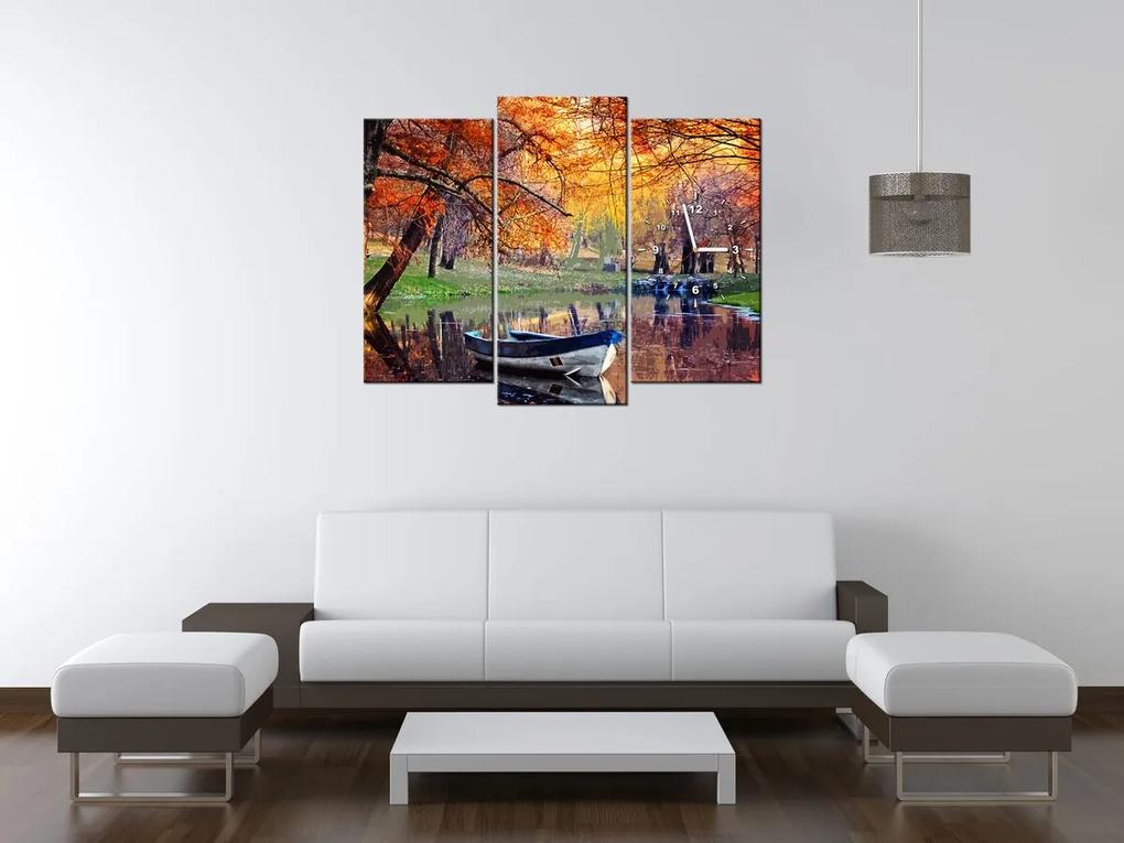 Gario Obraz s hodinami Romantické místo u jezera - 3 dílný Rozměry: 80 x 40 cm