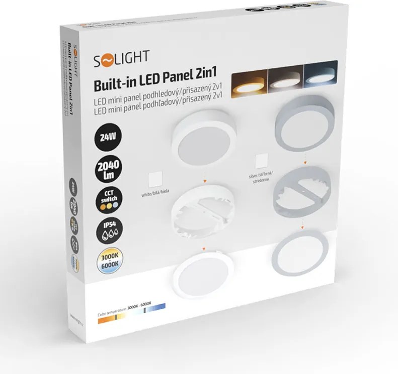 Solight LED mini panel koupelnový 2v1, 3CCT, podhledový/přisazený, 24W, 2040lm, IP54, bílá, kulatý