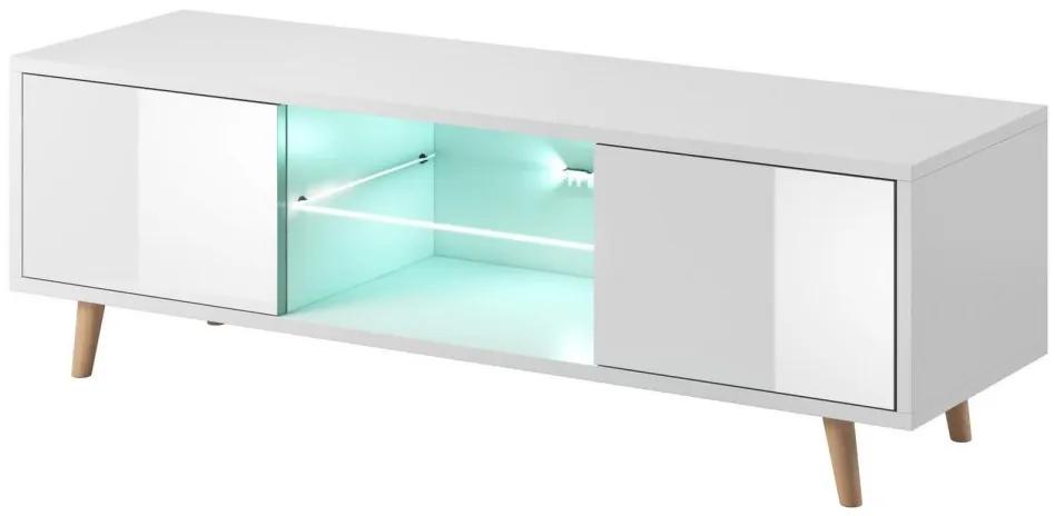 Vivaldi TV stolek Sweden s LED osvětlením 140 cm bílý mat/bílý lesk