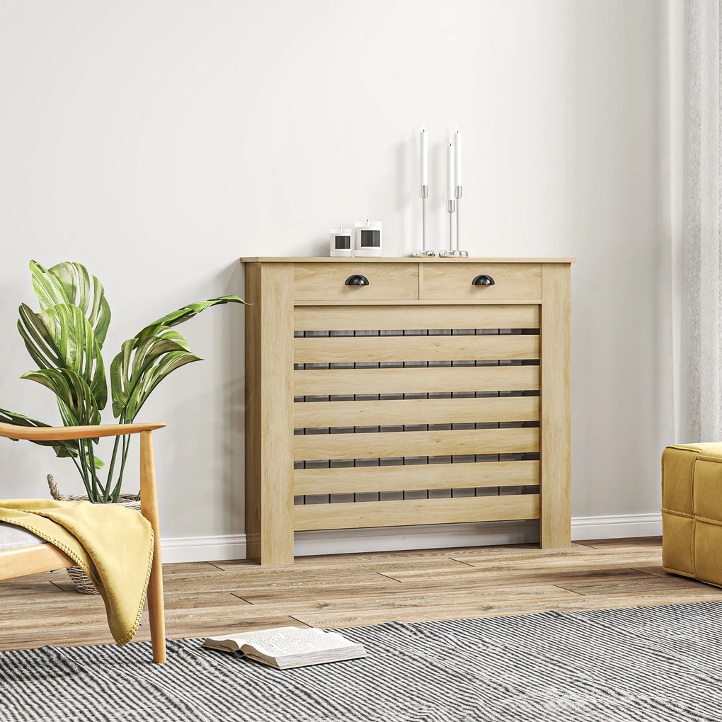 HOMCOM Kryt radiátoru s šuplíky MDF Kryt radiátoru do obývacího pokoje, ložnice, chodby 111x19x95,5 cm Dub