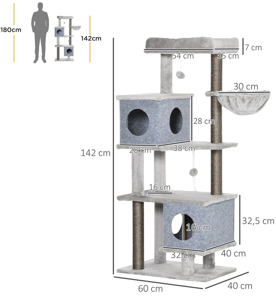 Škrabadlo PawHut 142 cm s jeskyněmi a plošinami, sisalový sloupek, hračky, ochrana proti překlopení, šedé pro aktivní kočky | Aosom.de