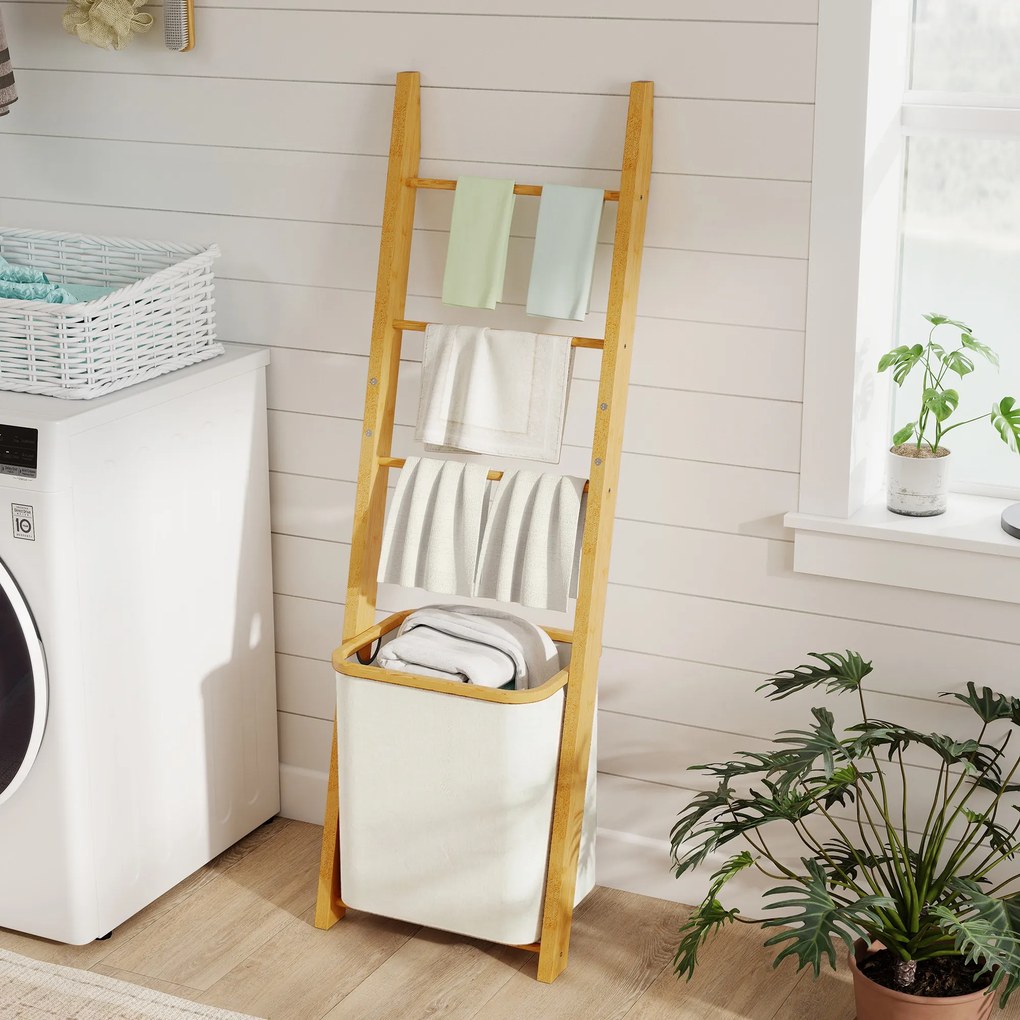 HOMCOM Koupelnový regál, 2-v-1, s 3 tyčemi, odnímatelný koš na prádlo 48 l, bambus, 43 x 35 x 133 cm, krémově bílý