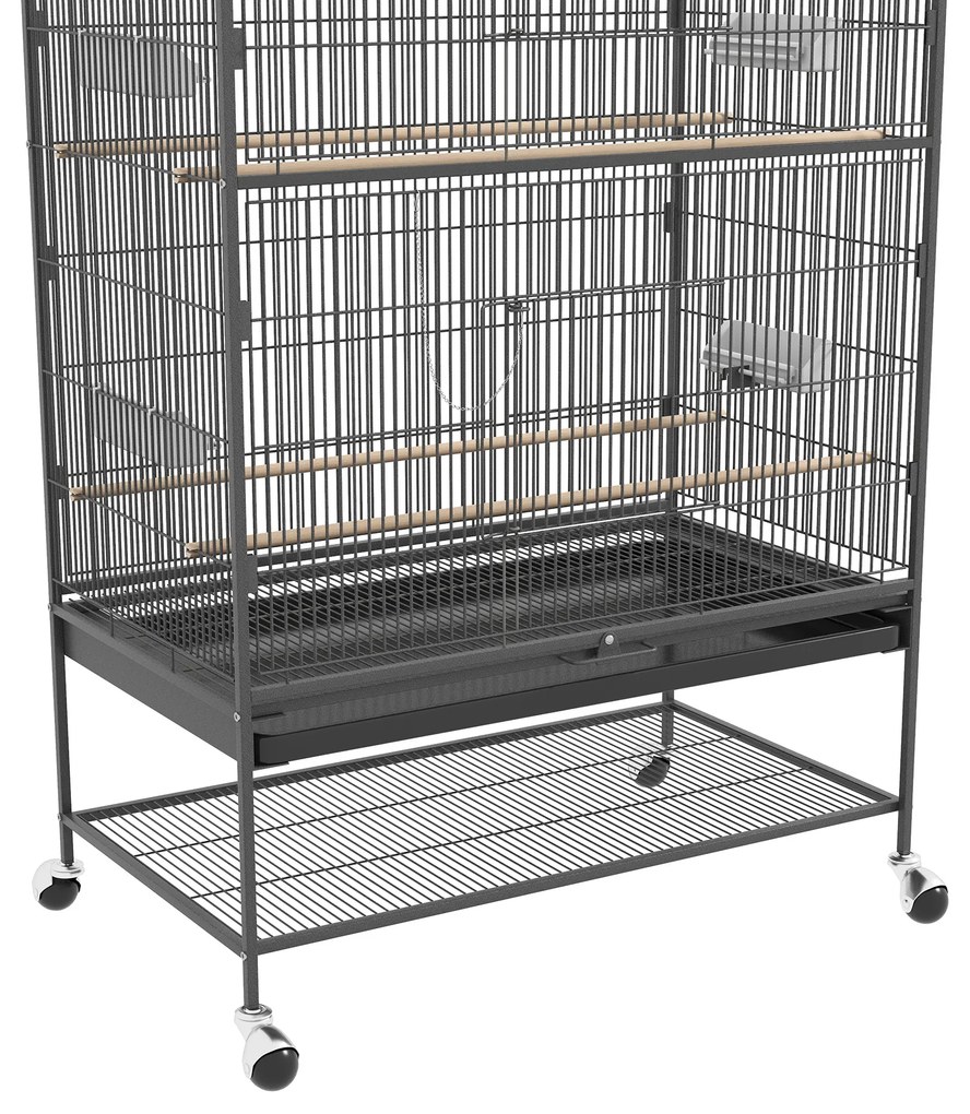 PawHut Ptačí klec PawHut, voliéra pro ptáky s bidly a policí, 94 x 57 x 153 cm, šedá, s dvířky a kolečky pro ptáky | Aosom.de