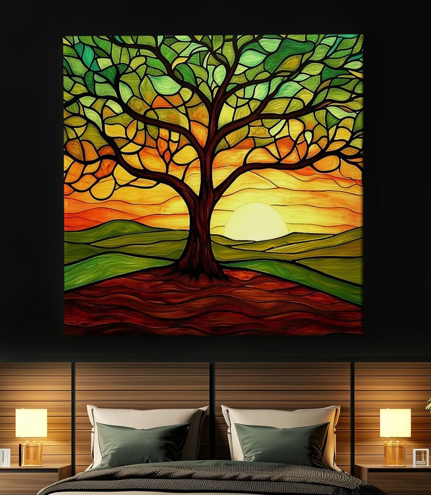 Obraz na plátně - Strom života Slunce v cípu FeelHappy.cz Velikost obrazu: 140 x 140 cm