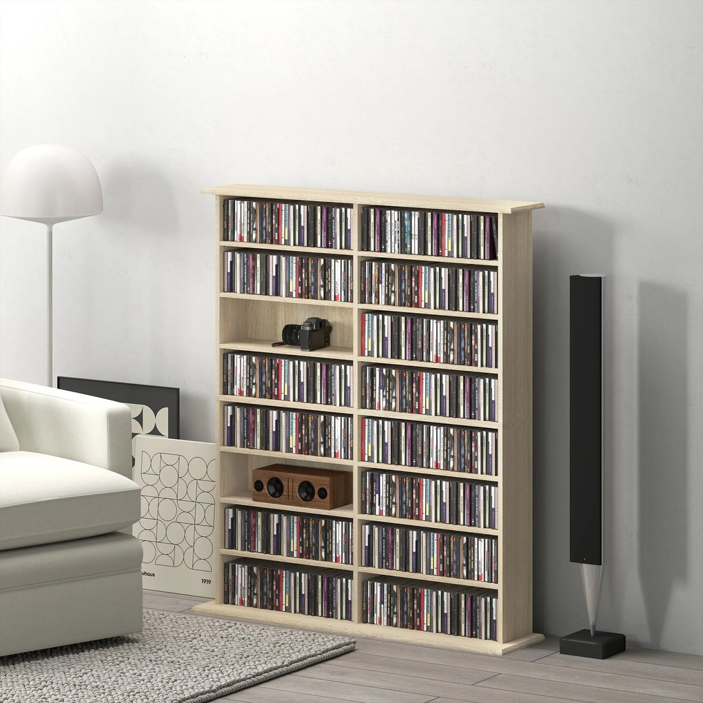 HOMCOM Úložný box na CD a DVD, multifunkční jednotka s 16 přihrádkami a 12 nastavitelnými policemi, max. kapacita 720 CD/396 DVD a Blu-ray, 106,5 x 2…
