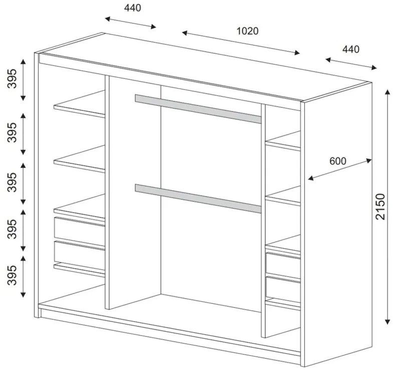 Nejlevnější nábytek Šatní skříň REBECA 200 se zrcadlem, 4 šuplíky a 2 šatními tyčemi, bílý mat