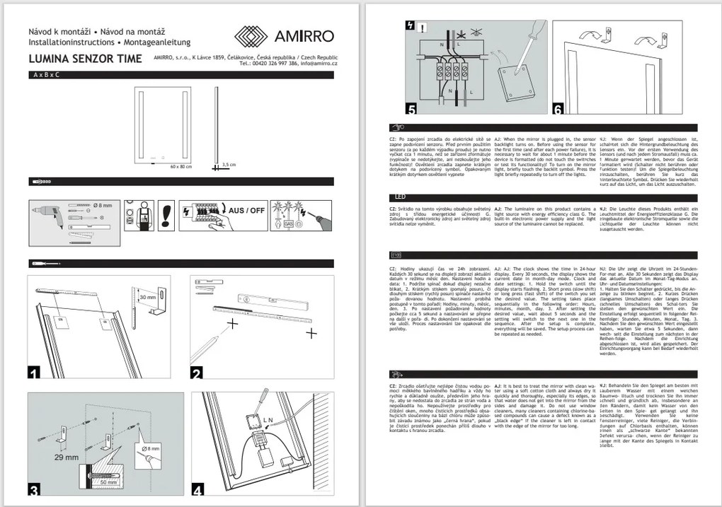 Zrcadlo na zeď chodbu do pokoje ložnice koupelny předsíně LUMINA SENZOR TIME - 80 x 60 cm se dvěma LED podsvícenými pruhy a s digitálními hodinami 412-016