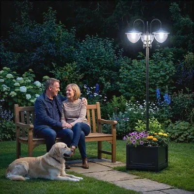 Outsunny solární světlo zahradní světlo 3-hlavová lampa s podstavcem květináče, vodotěsné, nerezová ocel, 60x55x189cm