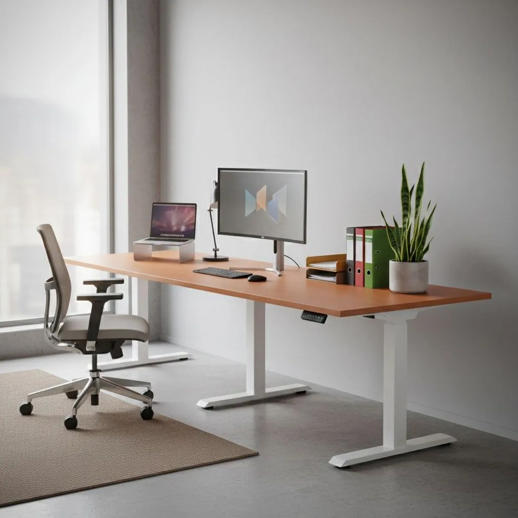 Výškově nastavitelný stůl OfficeTech Long, 260 x 80 cm, bílá podnož, třešeň