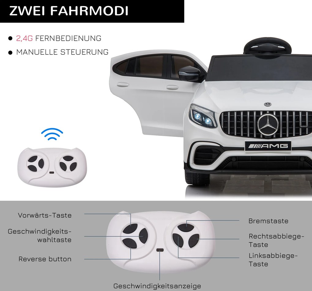 HOMCOM 12V Mercedes-Benz AMG GLC63S COUPE dětské elektrické autíčko s dálkovým ovládáním a bezpečnostním pásem, 2 x 35W motory, bílé 115 x 70 x 55 cm…