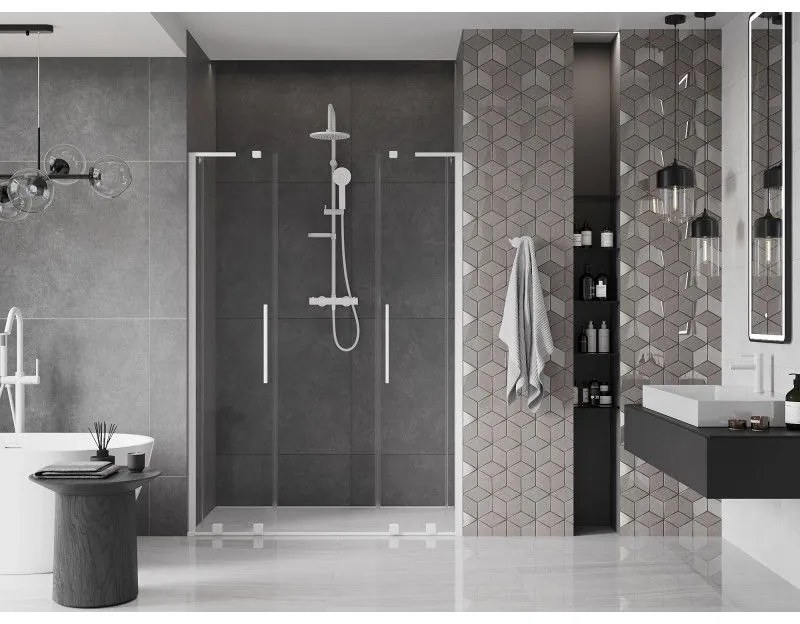 Mexen Velar L Duo, posuvné sprchové dveře do otvoru 140 cm, 8mm čiré sklo, bílá matná, 871-140-003-02-20