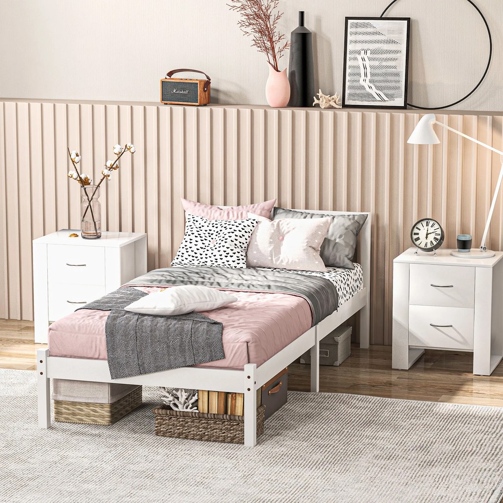 Dřevěný rám postele HOMCOM 208 x 96 cm s lamelovým roštem a čelem, elegantní rám jednolůžka do ložnice v bílé barvě