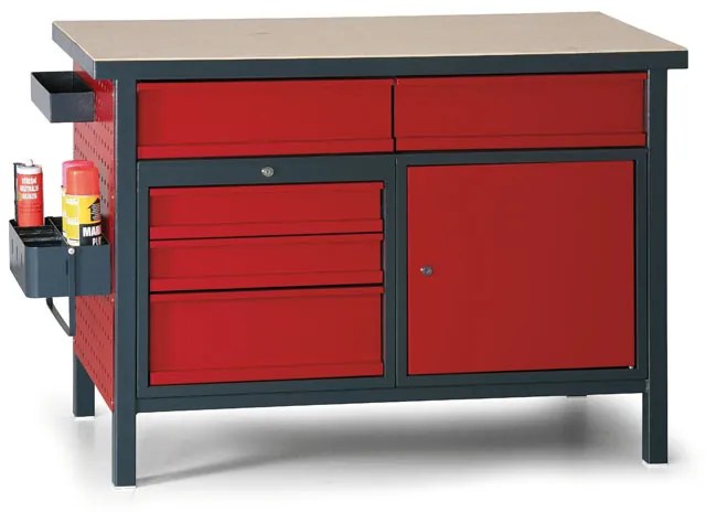 Dílenský pracovní stůl GD, 5 zásuvek, smrk + buková překližka, 5 zásuvek, 1 skříňka, 1190 x 600 x 850 mm, antracit / červená