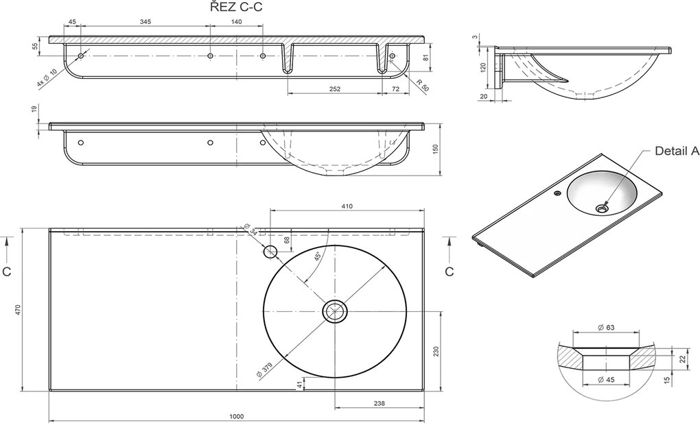 Sapho Sapho, JUNO umyvadlo 100x15x47cm, litý mramor, bílá, pravé, JU102