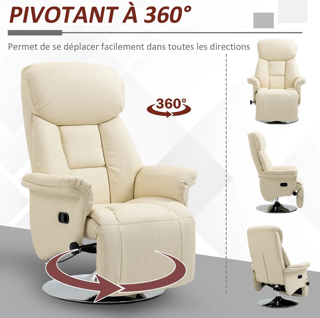HOMCOM Relaxační křeslo s nastavitelnou opěrkou a 360° otočením, umělá kůže, do 150 kg, pro obývací pokoj, ložnici, domácí kino, krémové | Aosom