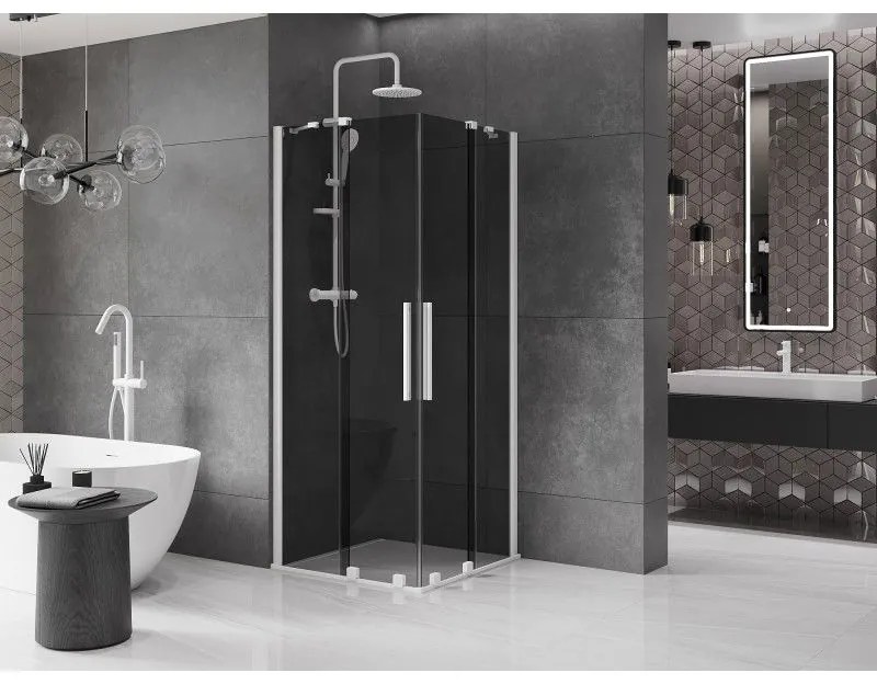 Mexen Velar Duo, sprchový kout s posuvnými dveřmi 90 x 90 cm, 8mm šedé sklo, bílá matná, 871-090-090-42-20