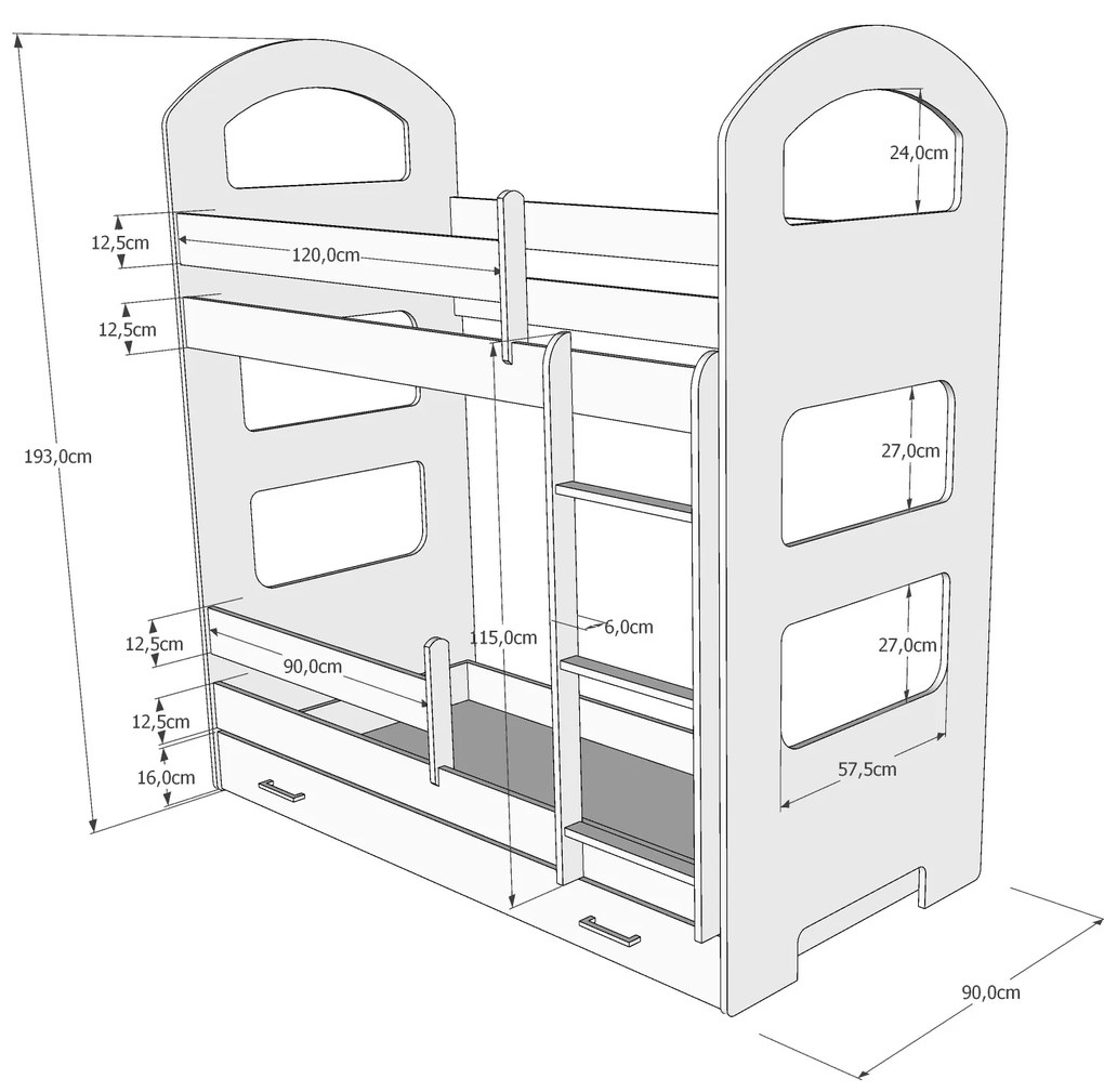 BabyBeds Dětská patrová postel HONZÍK II 180x80 Barevné provedení: Dub, Úložný prostor: Ano, s úložným prostorem