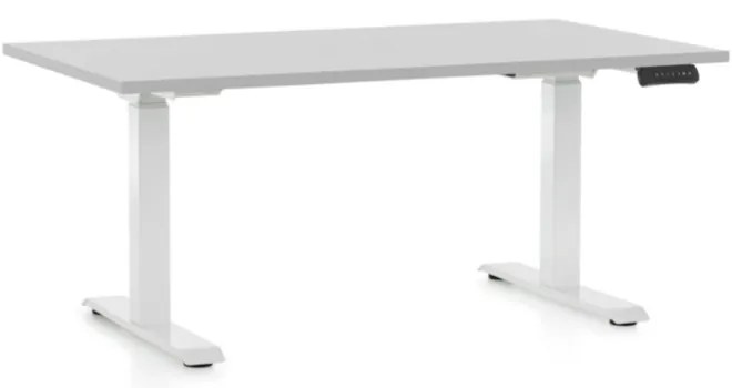 Výškově nastavitelný stůl OfficeTech D, 140 x 80 cm, bílá podnož, světle šedá