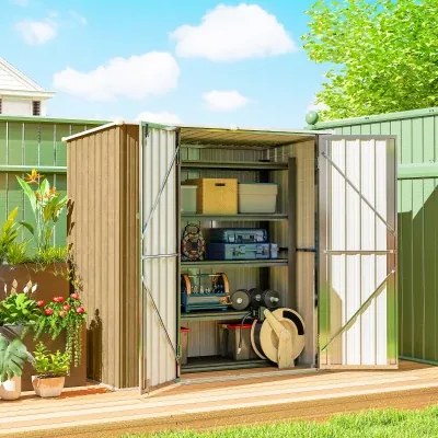 Outsunny kovová zahradní kůlna pro venkovní použití 1,37 m² 163x89x163 cm se šikmou střechou, dveře s pojistkou a rukavice, hnědá