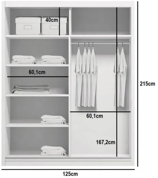 Prostorná šatní skříň AMADEO, šířka 125 cm, výška 215 cm