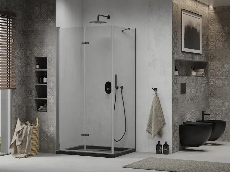 Mexen Lima, sprchový kout se skládacími dveřmi 90 (dveře) x 120 (stěna) cm, 6mm čiré sklo, černý profil + slim sprchová vanička černá s černým sifonem, 856-090-120-70-00-4070B