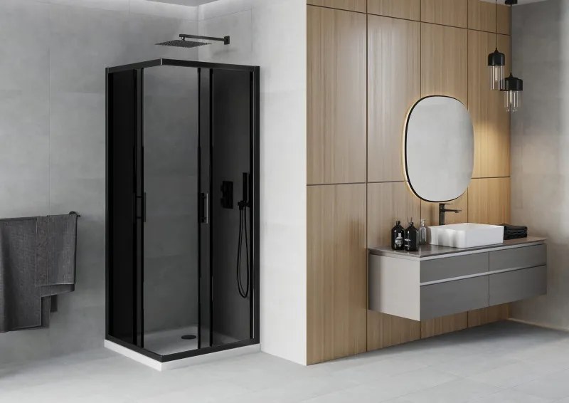 Mexen Rio, čtvercový sprchový kout 80(dveře)x80(dveře)x190 cm, 5mm šedé sklo, černý profil + bílá sprchová vanička SLIM, 860-080-080-70-40