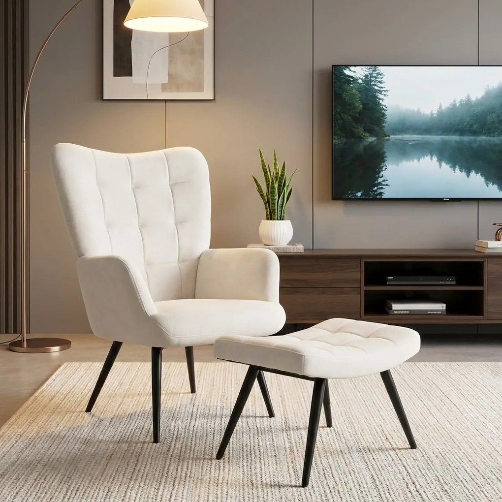 Relaxační křeslo ušák s podnožkou LUMEN - bílá Velvet látka