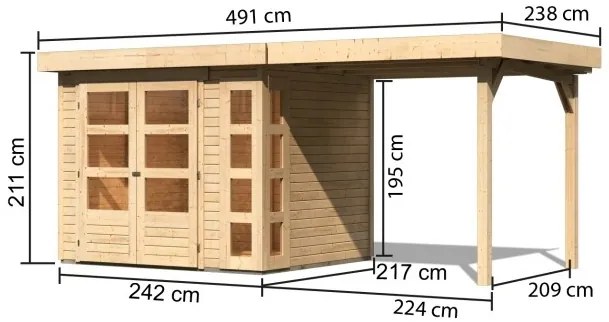 Dřevěný zahradní domek KERKO 3 s přístavkem 240 Lanitplast Přírodní dřevo