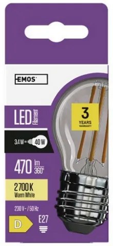 LED žárovka E27 EMOS Filament Mini Globe 3,4W (40W) teplá bílá (2700K) ZF1120