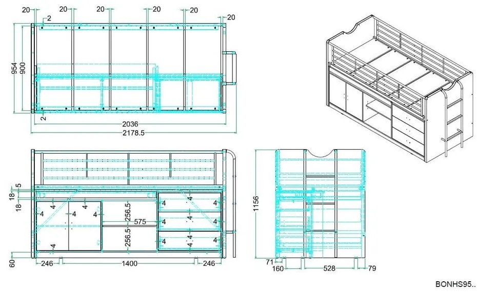 Bílo-šedá vyvýšená dětská postel s úložným prostorem s roštem 90x200 cm Bonny – Vipack