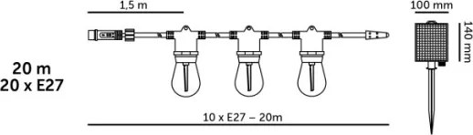 LED Stm solární řetěz STARLIGHT NEO 20xE27/3,7V 2700K IP54 2400 mAh 21,5m  + DO