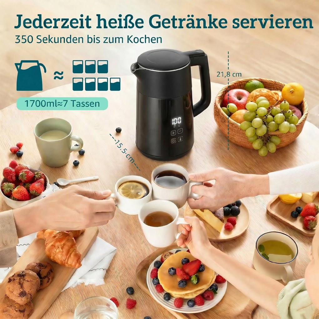 HOMCOM Elektrická konvice, 1,7 l, rychlovarná, 2200 W, s LED displejem, funkcí udržování teploty, ochranou proti provozu nasucho, bez PTFE