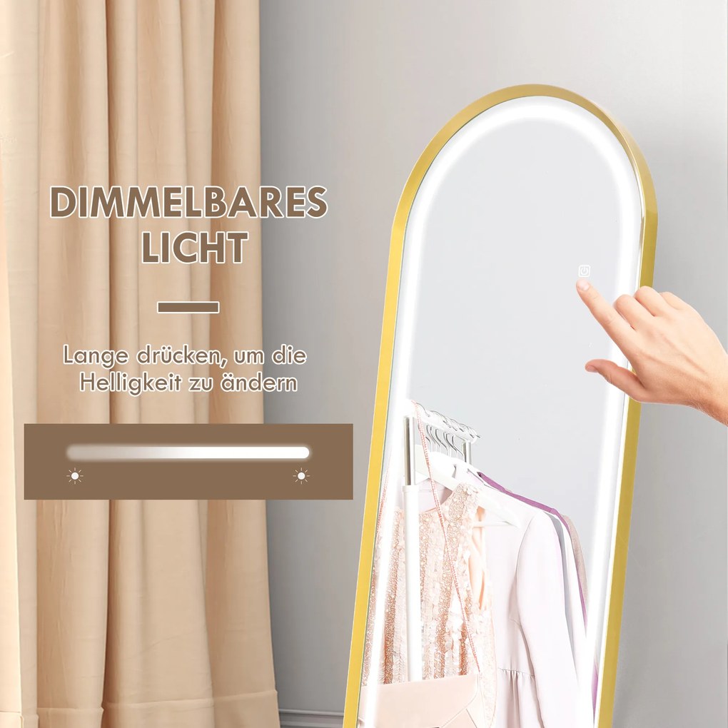 HOMCOM Zrcadlo po celé délce se stmívatelným LED světlem, nástěnné a stojací zrcadlo, šatní zrcadlo s dotykovým spínačem, zlaté 47x146 cm | Aosom.de