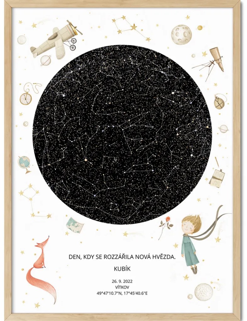 Hvězdná mapa Vašeho životního okamžiku Rozměr plakátu: 30 x 40 cm, Barva pozadí: Kosmonaut, Volba rámu: Lípa dřevěný rám