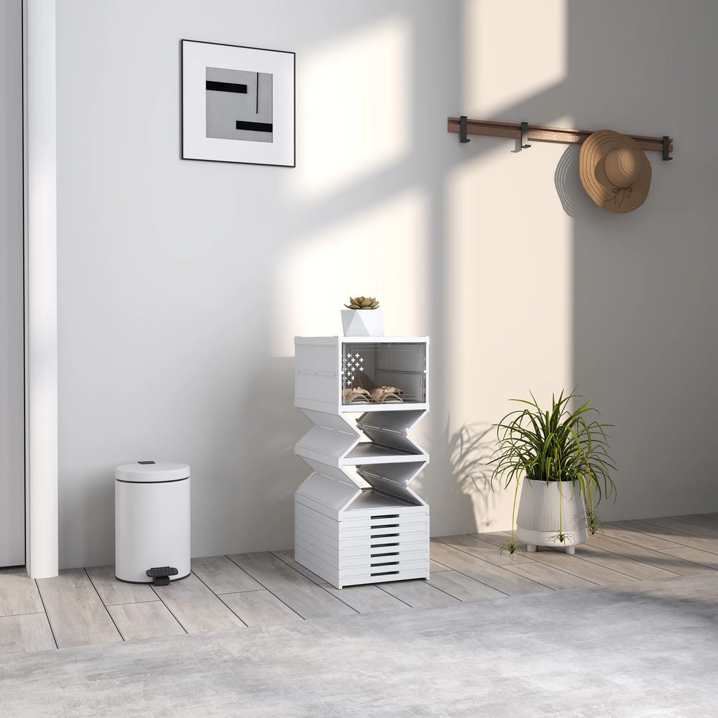 HOMCOM Sada 10 skládacích botníků, stohovatelné plastové úložné boxy na boty s víky, úložný prostor pro boty až do velikosti 43, bílá, 26x35x174cm
