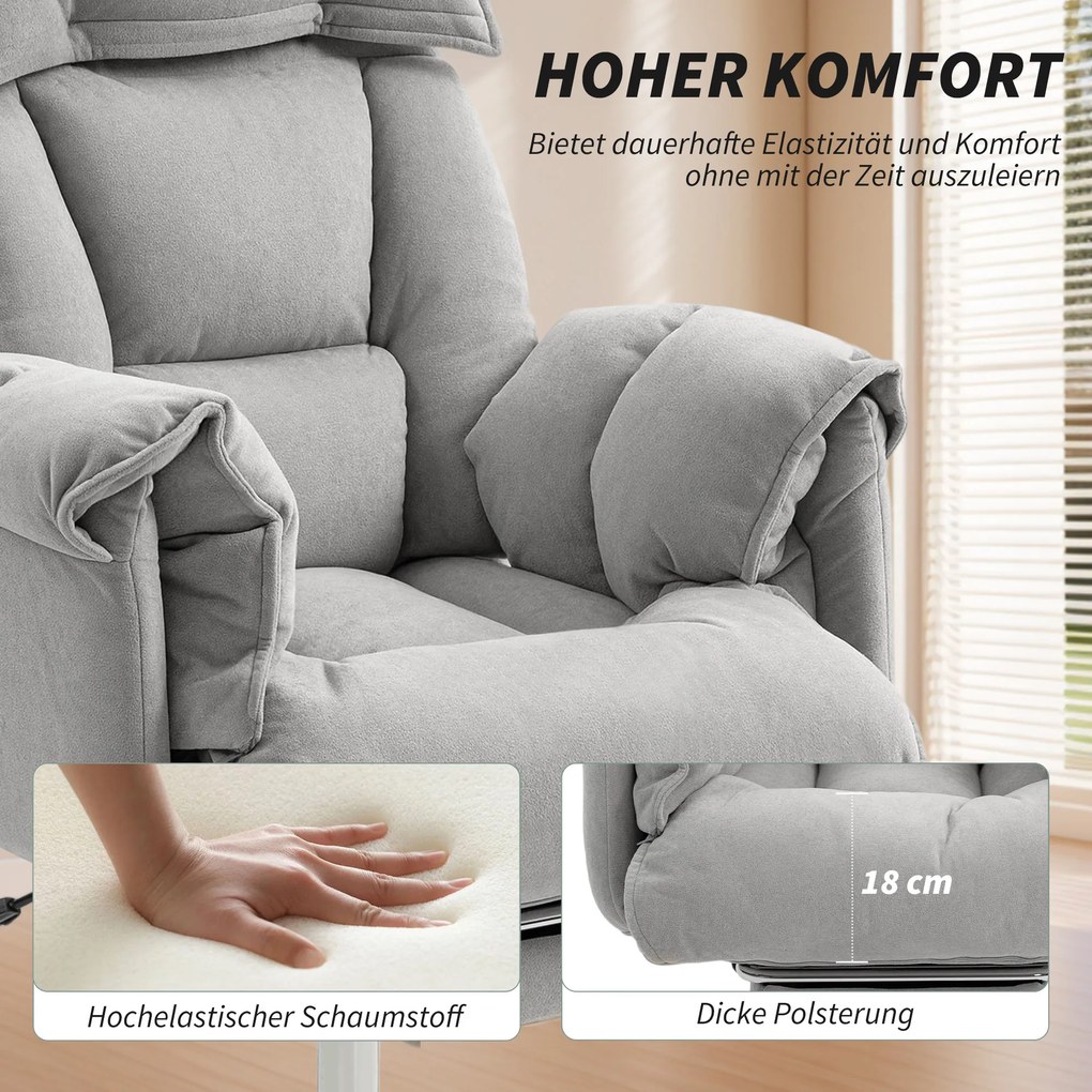 Kancelářské polohovací křeslo HOMCOM s opěrkou nohou — polstrované područky, vysoké opěradlo, výškově nastavitelné, sametový vzhled, světle šedé