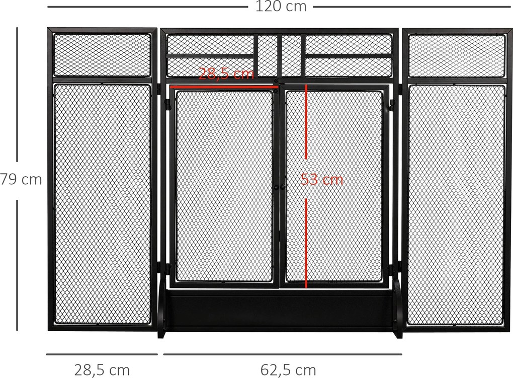 HOMCOM Oheň Obrazovka Skládací Ochranný Předek Krbu se 3-Dílnými Dvoukřídlovými Dveřmi a Dalšími Nohy 120x11.5x79 cm Černá Kovová Konstrukce