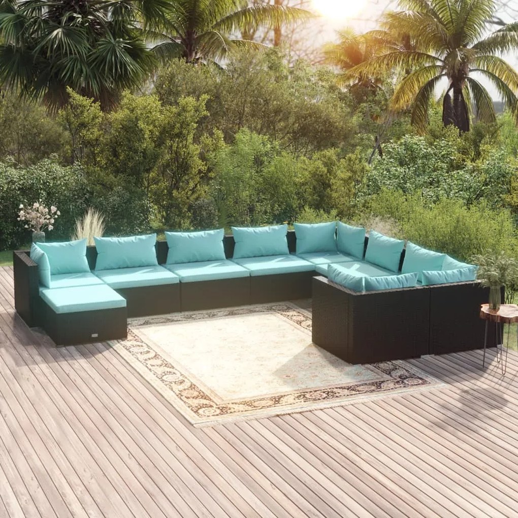 vidaXL 10dílná zahradní sedací souprava s poduškami polyratan [3102679] Barva: Šedá a modrá