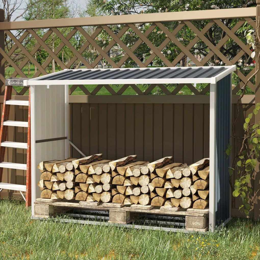 Outsunny Galvanizovaný Ocelový Přípravek na Dřevo se Šikmou Střechou pro Zahradní Terasu Exteriér 185x84x133,5/148,5 cm Šedý