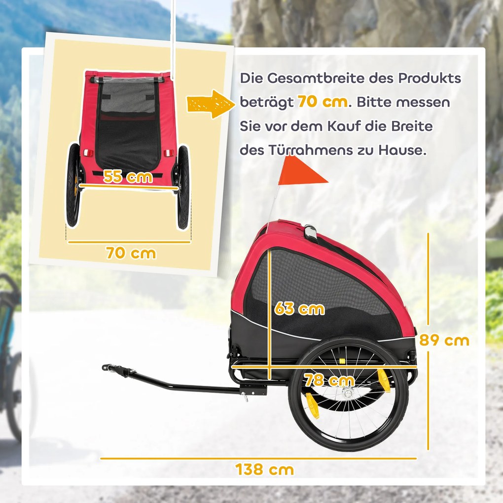PawHut Skládací přívěs pro psy s odrazkami Okno ze síťoviny Kolečka Dveře Bezpečnostní praporek pro psy do 20 kg 138x70x89 cm Červená barva