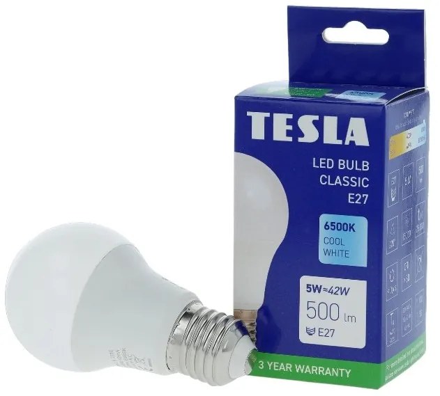 TESLA BL270560–8 - LED bulb žárovka E27, 5W, 500 lm, 6500K, studená bílá