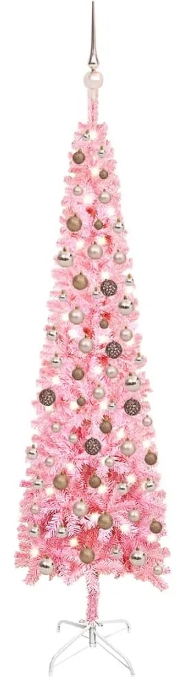 3078067 vidaXL Úzký vánoční stromek s LED diodami a sadou koulí růžový 180 cm