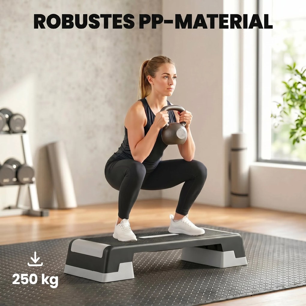 SPORTNOW Aerobic Stepper – nastavitelný na 3 výšky (15/20/25 cm), protiskluzový, nosnost 250 kg – kompaktní černý step pro domácí cvičení