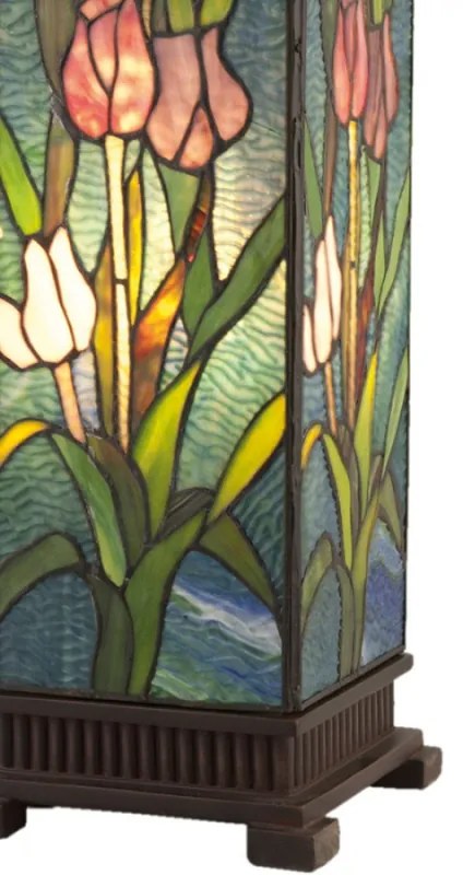 Modrá hranatá stolní lampa Tiffany s tulipány Toulipp – 17x17x58 cm