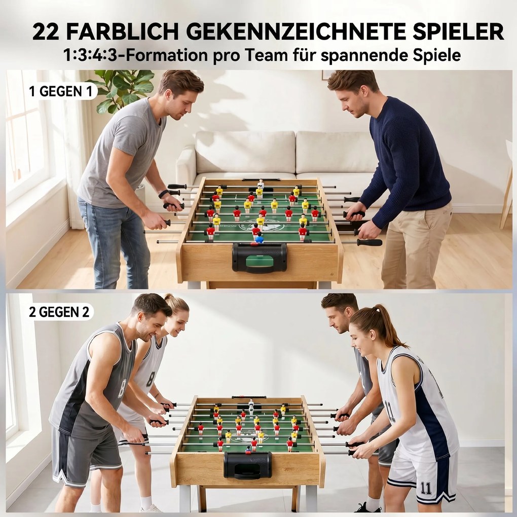 SPORTNOW stolní fotbal s 22 hráči, 2 míčky, protiskluzové rukojeti, počítadla skóre a šikmé nohy — rodinný herní stůl 121 x 87 x 77 cm, přírodní dekor